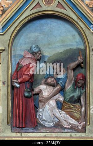 11. der Kreuzweg, Kreuzigung: Jesus wird ans Kreuz, Kirche des Hl. Johannes in Piflas ...