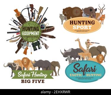 Jagd Sport Vektor Abzeichen mit Tieren, Jäger Waffen und Ausrüstungen ...