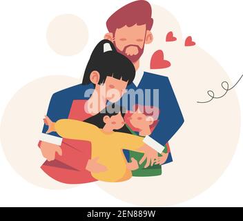 Mutter Vater Tochter Sohn hält Händchen und umarmt sich, entwirrt komplexe Situationen ...