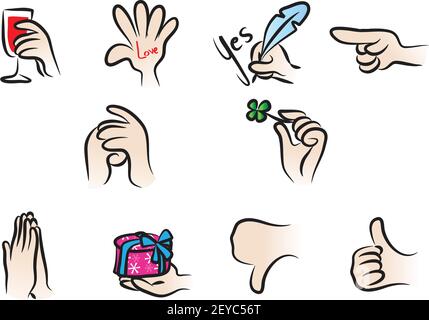 vektor Zeichnung Hände Aktion Emoji Sticker Set Stock-Vektorgrafik - Alamy