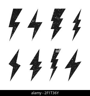 Blitzsymbole mit Grunge-Textur isoliert auf weißem Hintergrund. Vintage ...