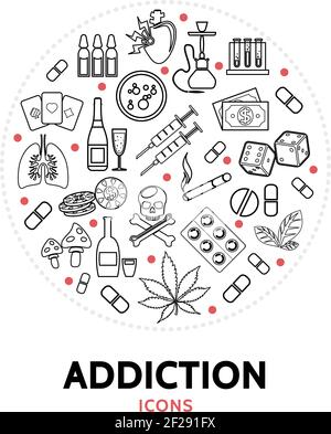 Schädliche Süchte Linie Symbole Sammlung mit Schädel kranke Lungen ...