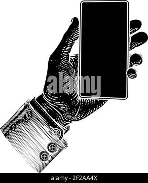 Hand white Handy mit weißer Bildschirm. Cartoon pop art retro Vektor ...