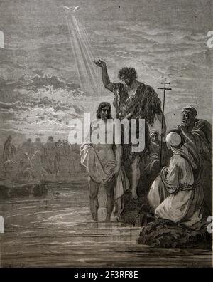 Die Taufe Jesu durch Johannes den Täufer, Grafik Collage von der Gravur ...