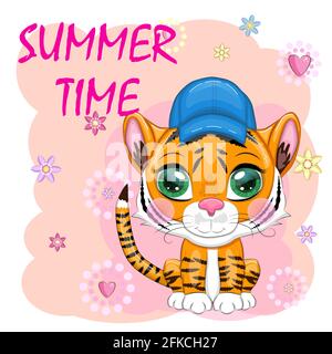 Cartoon Tiger mit Schwimmkreis im Sommerhut, Sommer kommt. Urlaub, Meer ...