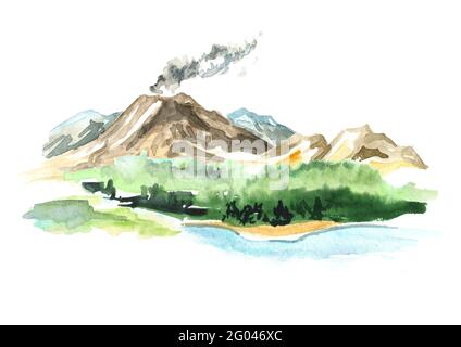 Landschaft mit aktivem Vulkan, Aquarell von Hand gezeichnete ...