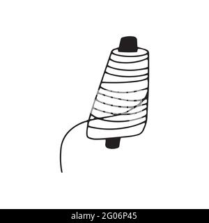 Garnspule zum Nähen. Schwarz-Weiß-Vektorgrafik im Doodle-Stil isoliert ...