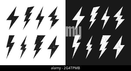 Blitzsymbole mit Grunge-Textur isoliert auf weißem Hintergrund. Vintage ...