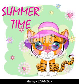 Cartoon Tiger mit Schwimmkreis im Sommerhut, Sommer kommt. Urlaub, Meer ...