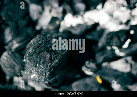 Holzkohle und Asche, die vom verbrannten Holz übrig geblieben sind ...