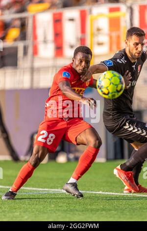 Farum, Dänemark. August 2021. Kevin Yanga (77) von Vejle Boldklub im 3F ...