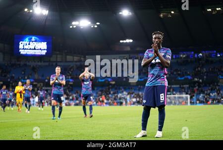 Amadou Haidara von RB Leipzig erscheint nach dem Spiel der UEFA ...