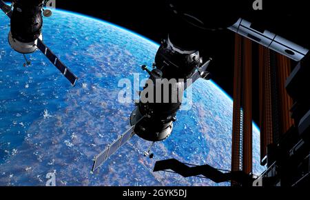 Raumsonde und Raumstation auf der Erdumlaufbahn. 3d-Rendering-Hintergrund. 3D-Illustration ...