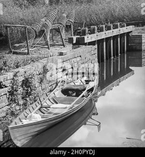 Schwarz-weiß Foto, zeigt die Seite eines Vintage Caravan oder gezogenen ...