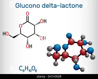 Glucono-Delta-Lacton (Gluconolacton, GDL) und Gluconsäure-Molekül. Es ...