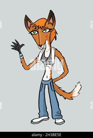 Kleine Hand gezeichnet Fuchs Mädchen winken Cartoon Illustration ...