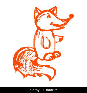 Fuchs. Symbol im Handzeichnen-Stil. Zeichnen mit Wachsmalstiften ...