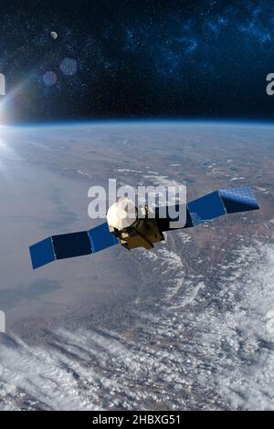 Fracht Raumschiff und Erde Planeten. Dunkler Hintergrund. Sci-Fi Tapete ...