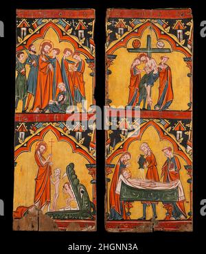 Die Kreuzabnahme (L) und die Grablegung des Christ (R). Detail des Altars von ca. 1480 von ...