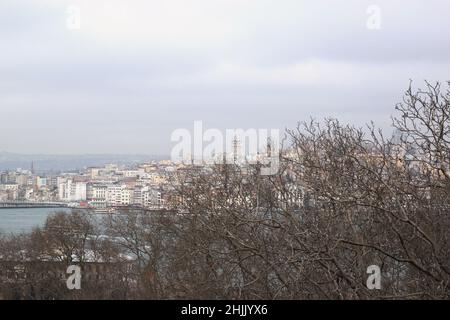 Blick auf Istanbul durch Äste von Bäumen. Stadtlandschaft an einem ...