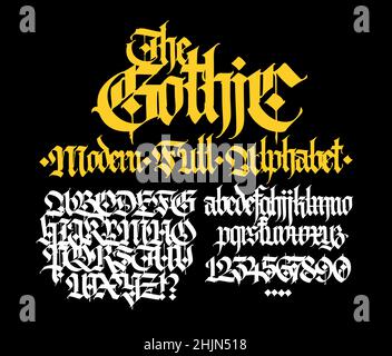 Gothic, englisches Alphabet. Vektor. Mittelalterliche lateinische Buchstaben und Zahlen. Zeichen ...