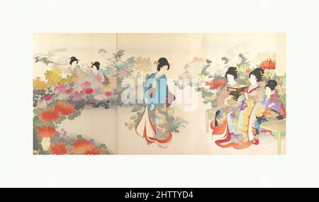 Chiyoda Schloss (Album von Frauen), Meiji-periode (1868-1912), 1895, Japan, Triptychon von ...