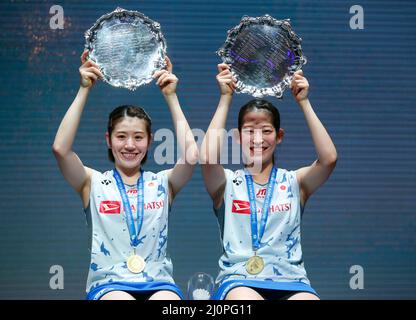 Die Japaner Nami Matsuyama und Chiharu Shida kämpfen am vierten Tag der YONEX All England Open ...