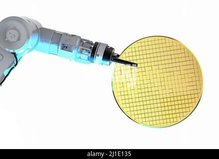 Halbleiterfertigung mit 3D gerenderten Roboterarmen mit Silizium-Wafern ...