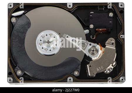 Demontierte Festplatte aus dem Computer, hdd mit Spiegeleffekt. Geöffnet Festplatte aus dem ...