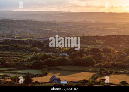 Blick vom Tregonning Hill in West Cornwall, England. Bilder, die kurz ...