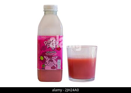 Flasche und Glas Percy Pig Smoothie mit Apfel-, Traubensaft und Himbeer ...