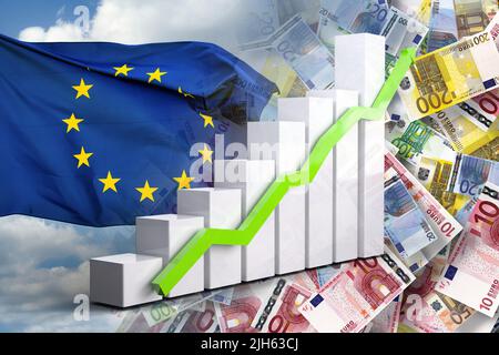 Abbildung der Wirtschaft: Steigender Pfeil, Flagge der Europäischen ...