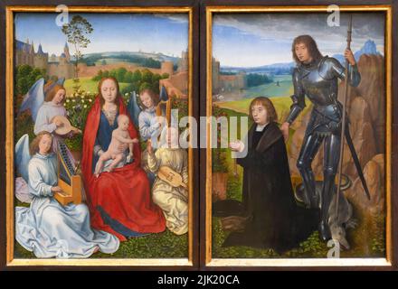 Diptychon, Madonna des Rosenblütler und St. Georg mit Spender Hans memling, um 1490. Alte ...