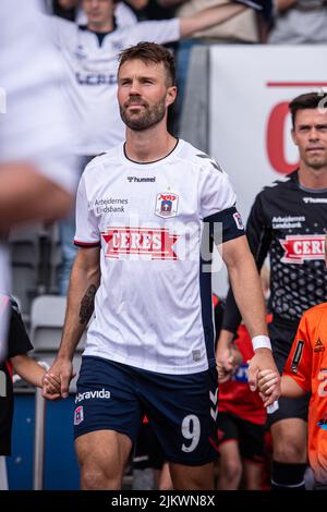 Aarhus, Dänemark. 31., Juli 2022. Patrick Mortensen (9) von der AGF beim Superliga-Spiel 3F ...