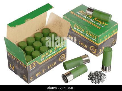 3D Darstellung einer geöffneten Schrotflinten-Munitionsbox isoliert auf ...