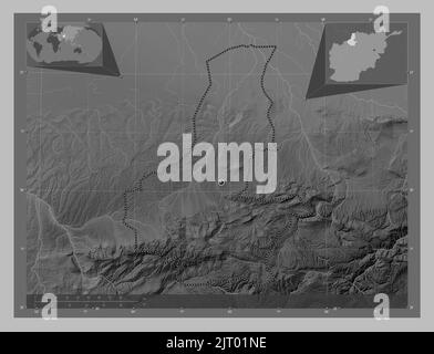 Faryab, Provinz Afghanistan. Höhenkarte in Graustufen mit Seen und ...