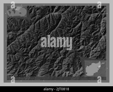 Nuristan, Provinz Afghanistan. Höhenkarte in Graustufen mit Seen und ...