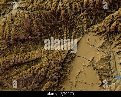 Parwan, Provinz Afghanistan. Höhenkarte in Sepia-Tönen mit Seen und ...