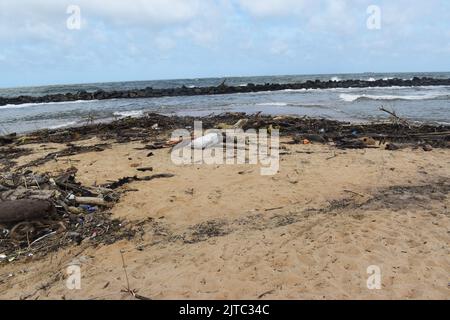 Holz- und Kunststoffabfall ist aufgrund der rauen Meere im indischen ...