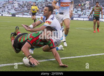 Corey Allan von den Rabbitohs punktet beim NRL-Spiel der Runde 3 ...