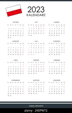 Kalender 2023 auf Polnisch, die Woche beginnt am Sonntag. Vektorvorlage ...