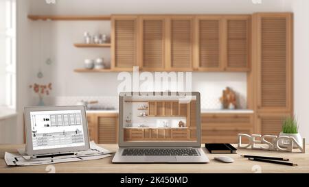 Architekt Designer-Desktop-Konzept, Laptop und Tablet auf ...