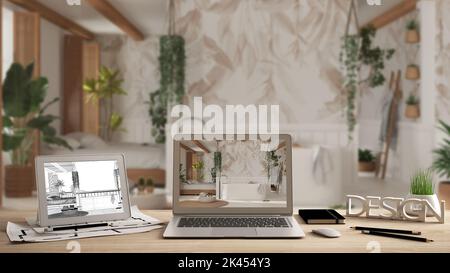 Architekt Designer-Desktop-Konzept, Laptop und Tablet auf ...