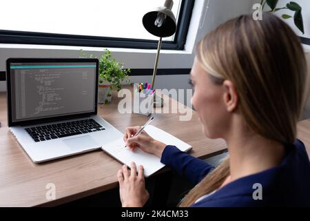 Kaukasische weibliche Programmierer sitzen am Schreibtisch am Laptop ...
