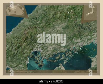 Hiroshima, Präfektur Japans. Hochauflösende Satellitenkarte. Orte und ...