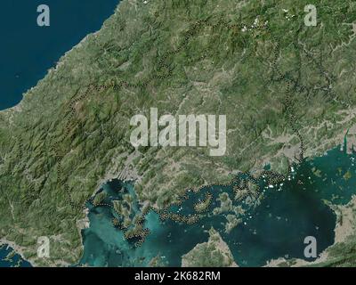 Hiroshima, Präfektur Japans. Hochauflösende Satellitenkarte. Orte und ...