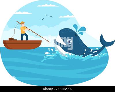 Waljagd mit Walen, die von Fischern in der Mitte der Tiefsee gefangen ...