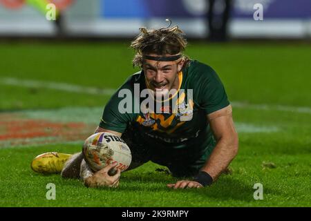 Campbell Graham aus Australien feiert seinen Versuch beim Rugby League ...