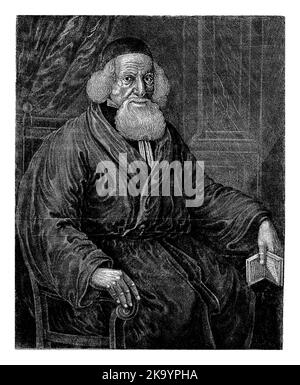 Rabbi Isaac Aboab da Fonseca im Alter von 84 Jahren. Er sitzt auf einem ...