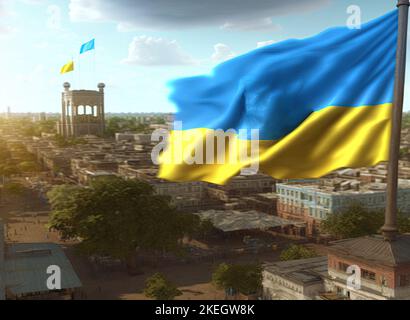 Eine illustrierte Szene der ukrainischen Widerstandsarmee Flagge, die ...